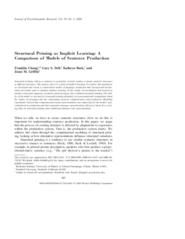 (PDF) Structural priming as implicit learning: A comparison of models of sentence production