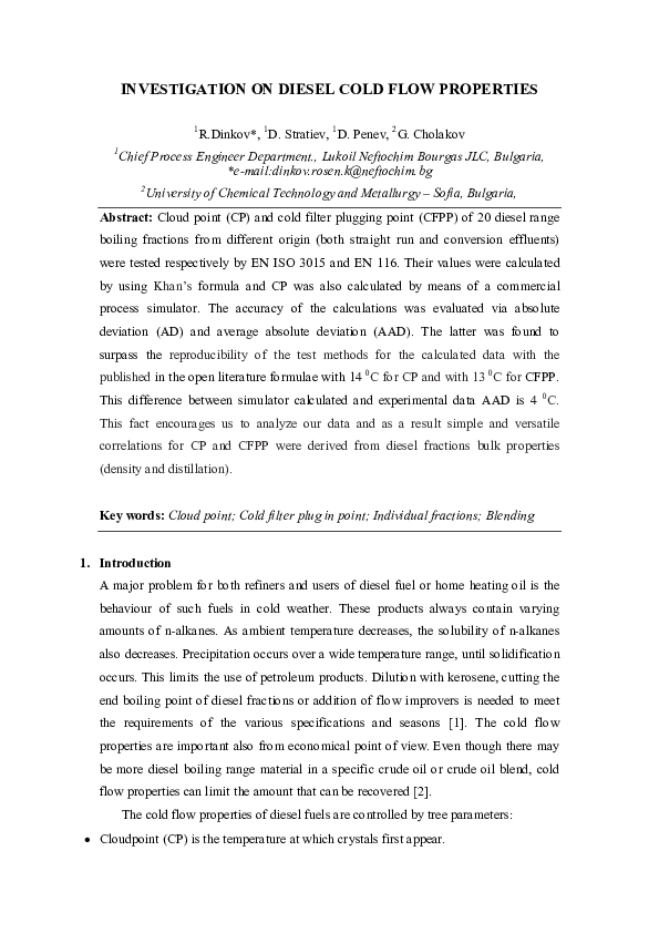 (PDF) INVESTIGATION ON DIESEL COLD FLOW PROPERTIES