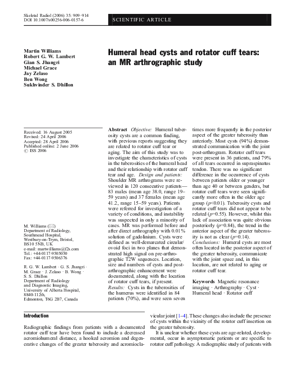 (PDF) Humeral head cysts and rotator cuff tears: an MR arthrographic study