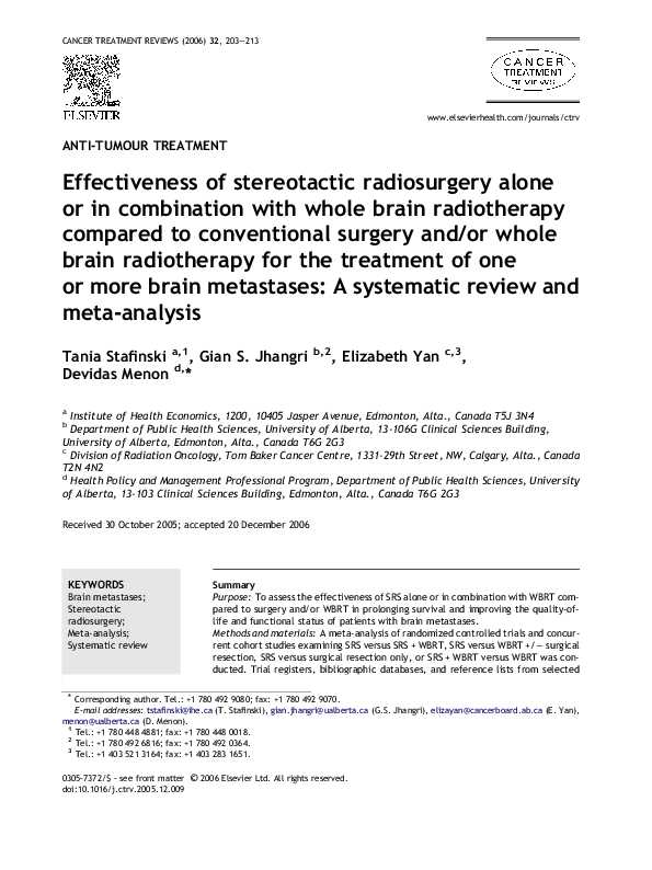 (PDF) Effectiveness of stereotactic radiosurgery alone or in combination with whole brain ...