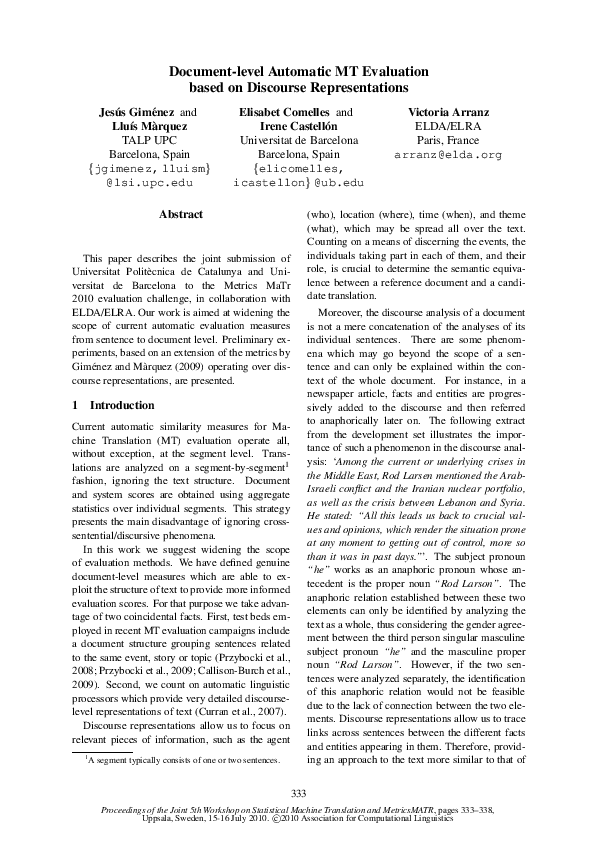 (PDF) Document-level automatic MT evaluation based on discourse representations