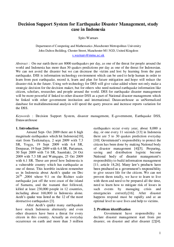 (PDF) Decision Support System for Earthquake Disaster Management, Study ...