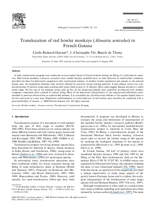 (PDF) Translocation of red howler monkeys (Alouatta seniculus) in ...