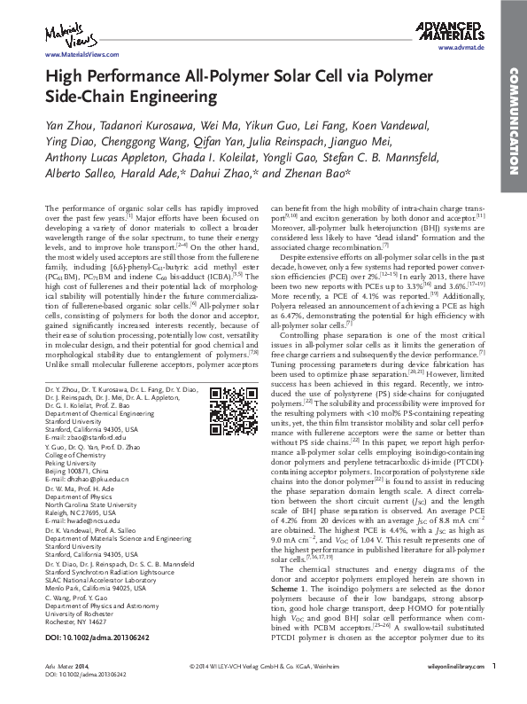 (PDF) High Performance All-Polymer Solar Cell via Polymer Side-Chain Engineering