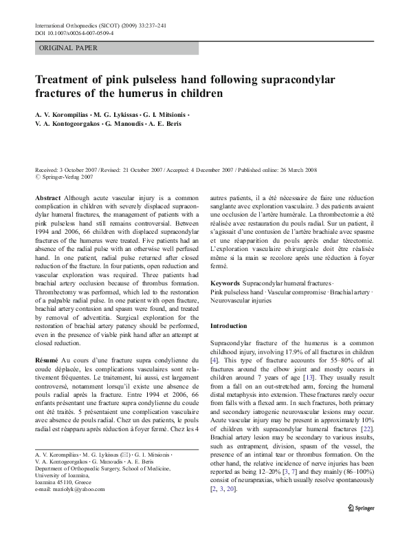 (PDF) Treatment of pink pulseless hand following supracondylar ...