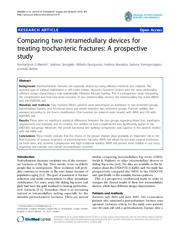 (PDF) Comparing two intramedullary devices for treating trochanteric fractures: A prospective study