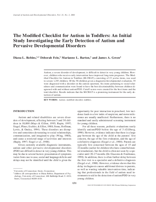 (PDF) The Modified Checklist for Autism in Toddlers: An Initial Study Investigating the Early ...