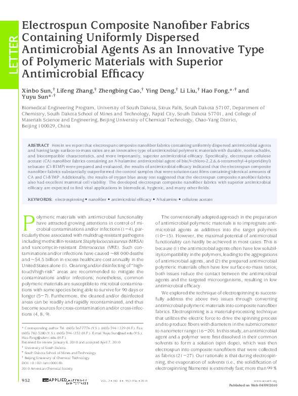 (PDF) Electrospun Composite Nanofiber Fabrics Containing Uniformly Dispersed Antimicrobial ...