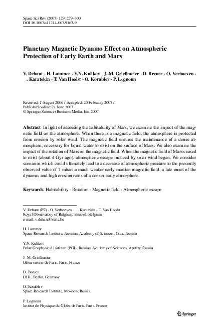 (PDF) Planetary Magnetic Dynamo Effect on Atmospheric Protection of ...