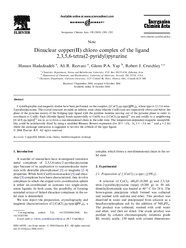 (PDF) Dinuclear copper(II) chloro complex of the ligand 2,3,5,6-tetra(2-pyridyl)pyrazine