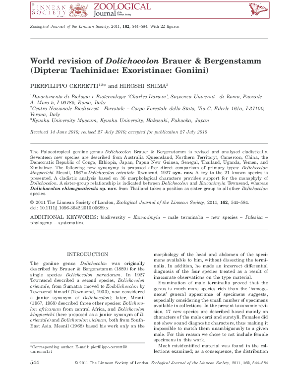 (PDF) World revision of Dolichocolon Brauer & Bergenstamm (Diptera ...