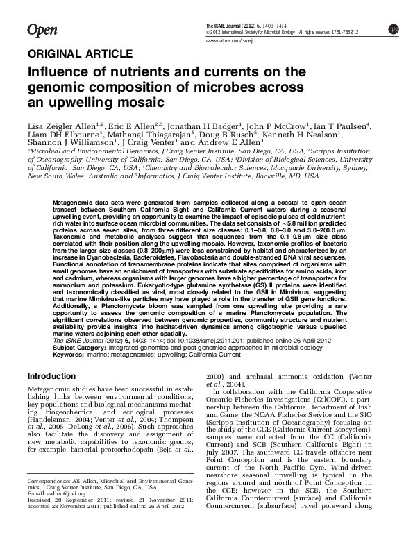 (PDF) Influence of nutrients and currents on the genomic composition of ...