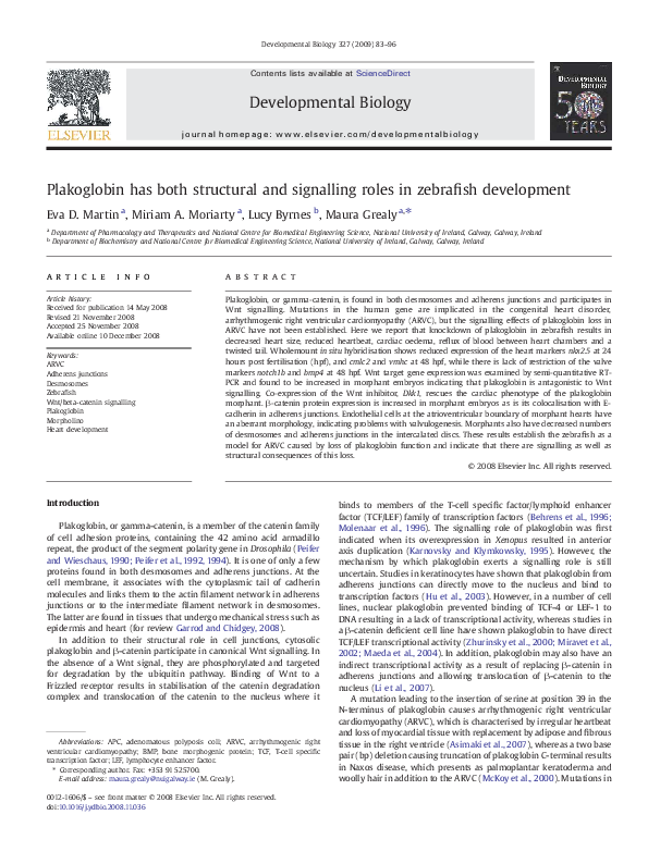 (PDF) Plakoglobin has both structural and signalling roles in zebrafish ...