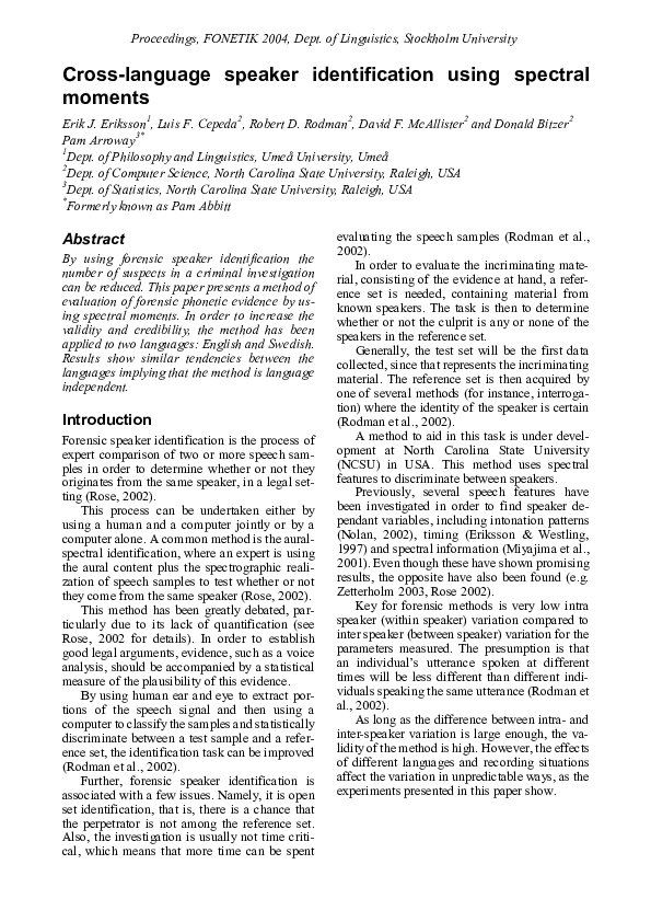 (PDF) Cross-language speaker identification using spectral moments
