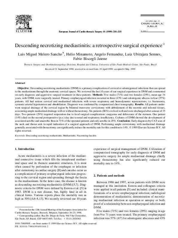 (PDF) Descending necrotizing mediastinitis: a retrospective surgical experience