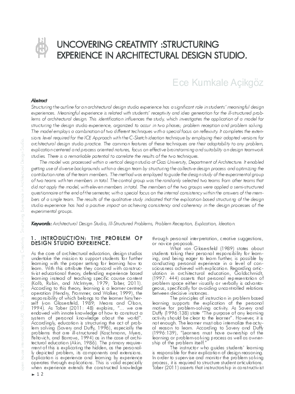 (PDF) UNCOVERING CREATIVITY :STRUCTURING EXPERIENCE IN ARCHITECTURAL DESIGN STUDIO.