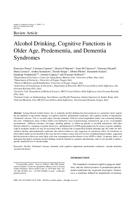 (PDF) Alcohol drinking, cognitive functions in older age, predementia ...