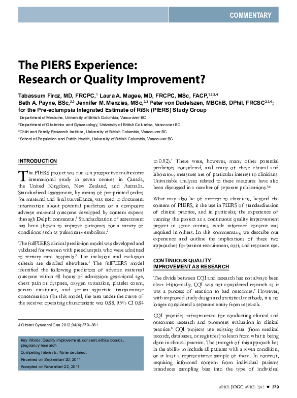 (PDF) The PIERS experience: research or quality improvement?