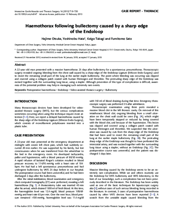 (PDF) Haemothorax following bullectomy caused by a sharp edge of the ...