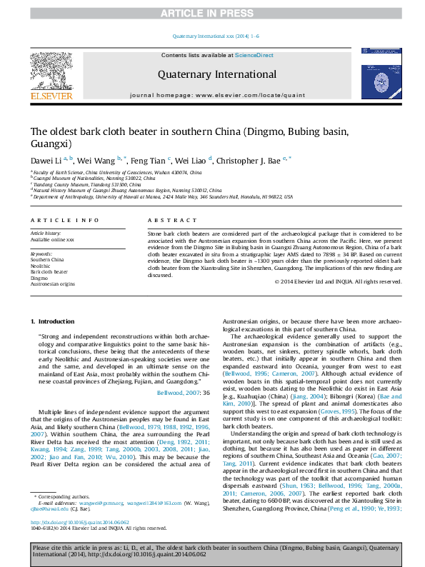 (PDF) The oldest bark cloth beater in southern China (Dingmo, Bubing ...