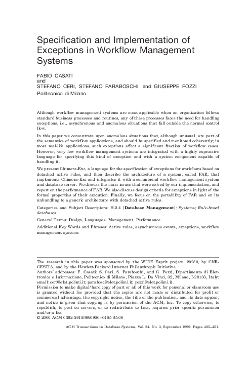 Specification And Implementation Of Exceptions In Workflow Management