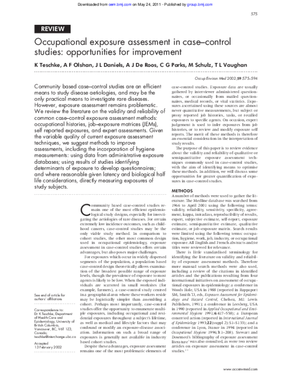 (PDF) Occupational exposure assessment in case-control studies ...