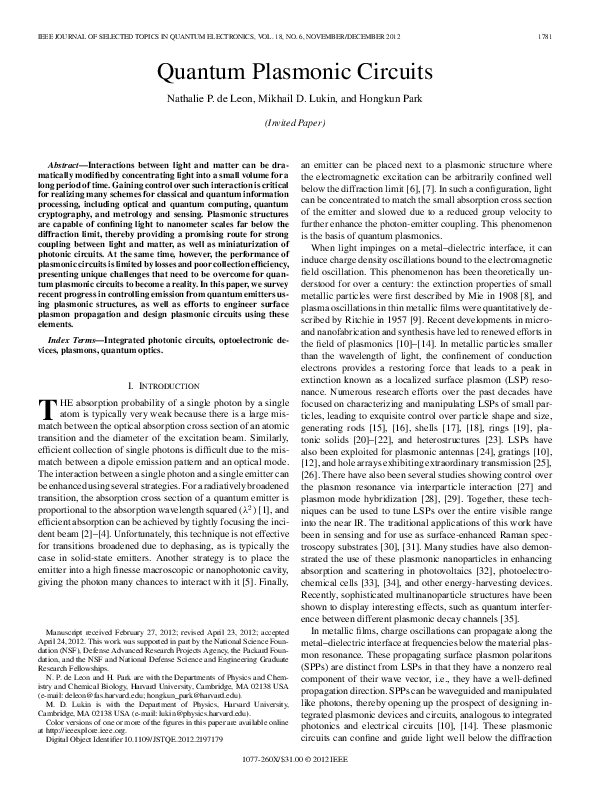 (PDF) Quantum Plasmonic Circuits