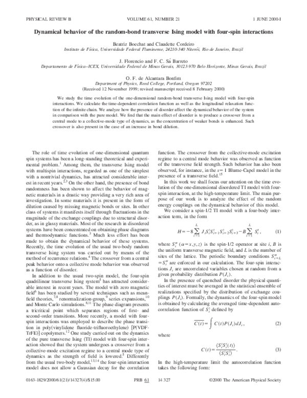 (PDF) Dynamical behavior of the random-bond transverse Ising model with four-spin interactions