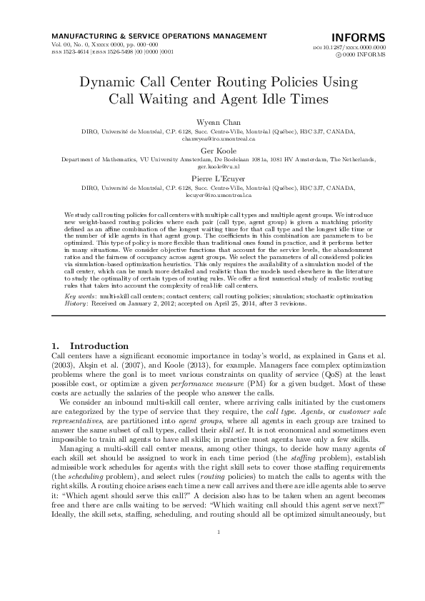 (PDF) Dynamic Call Center Routing Policies Using Call Waiting and Agent Idle Times