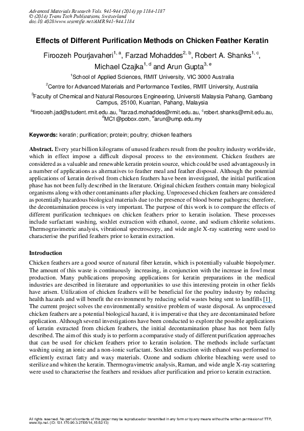 (PDF) Effects of Different Purification Methods on Chicken Feather Keratin