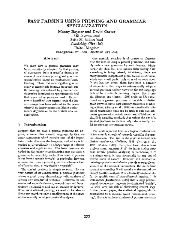 (PDF) Fast parsing using pruning and grammar specialization | Manny Rayner - Academia.edu