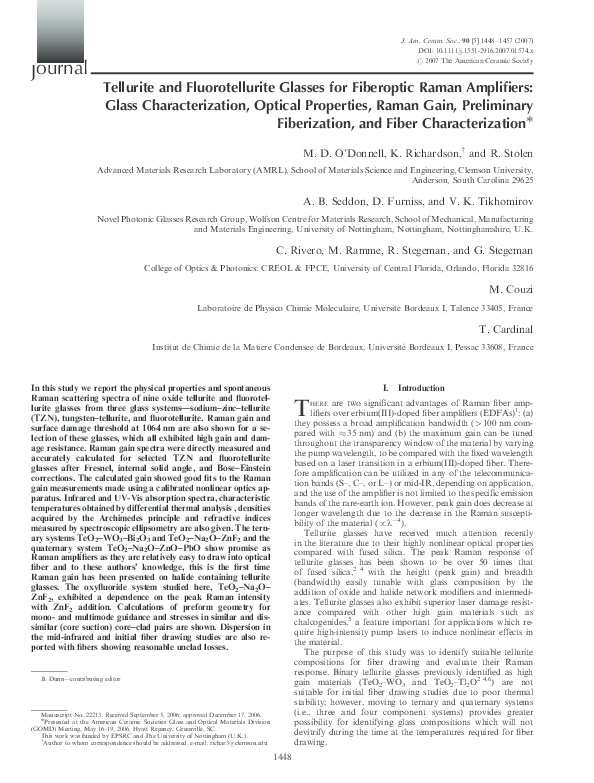 (PDF) Tellurite and Fluorotellurite Glasses for Fiberoptic Raman ...