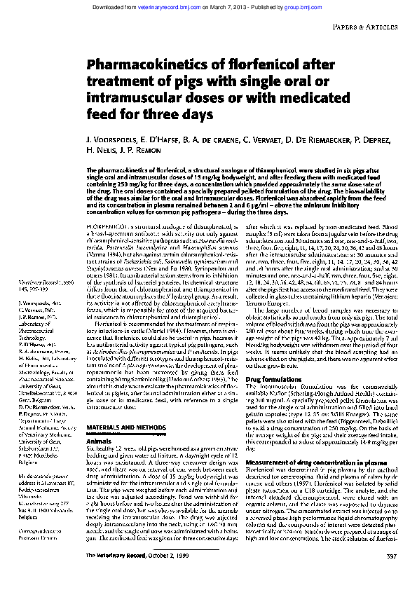 (PDF) Pharmacokinetics of florfenicol after treatment of pigs with ...