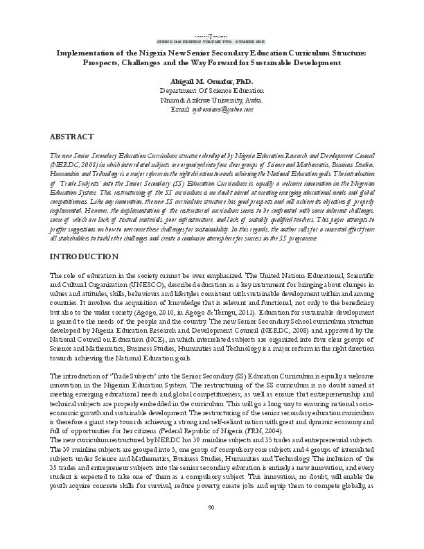 (PDF) Implementation of the Nigeria New Senior Secondary Education Curriculum Structure ...