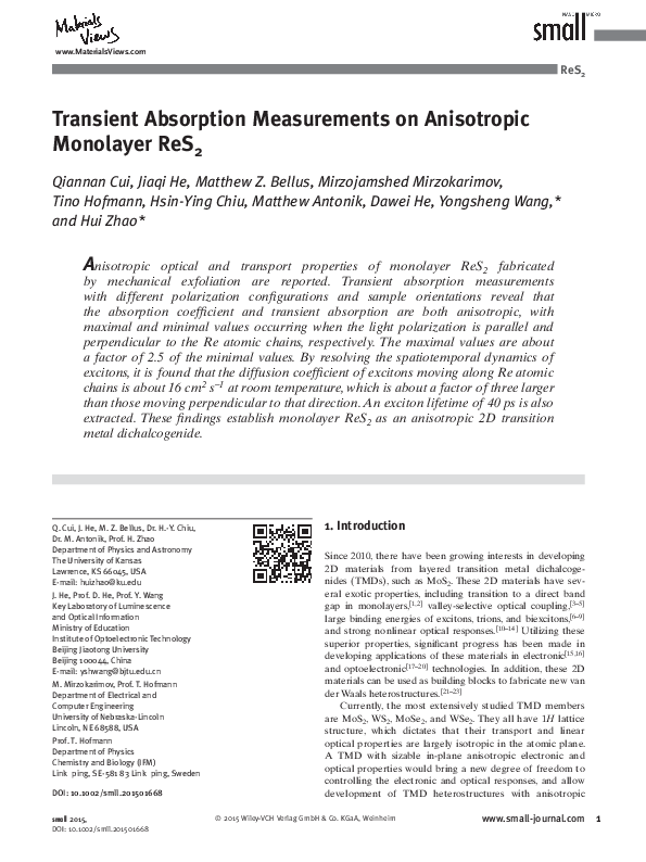 (PDF) Transient Absorption Measurements on Anisotropic Monolayer ReS2