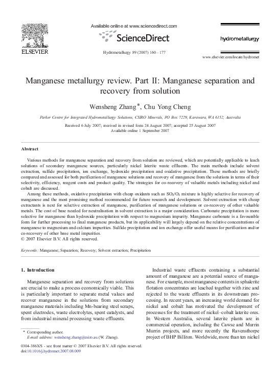 (PDF) Manganese metallurgy review. Part II: Manganese separation and ...