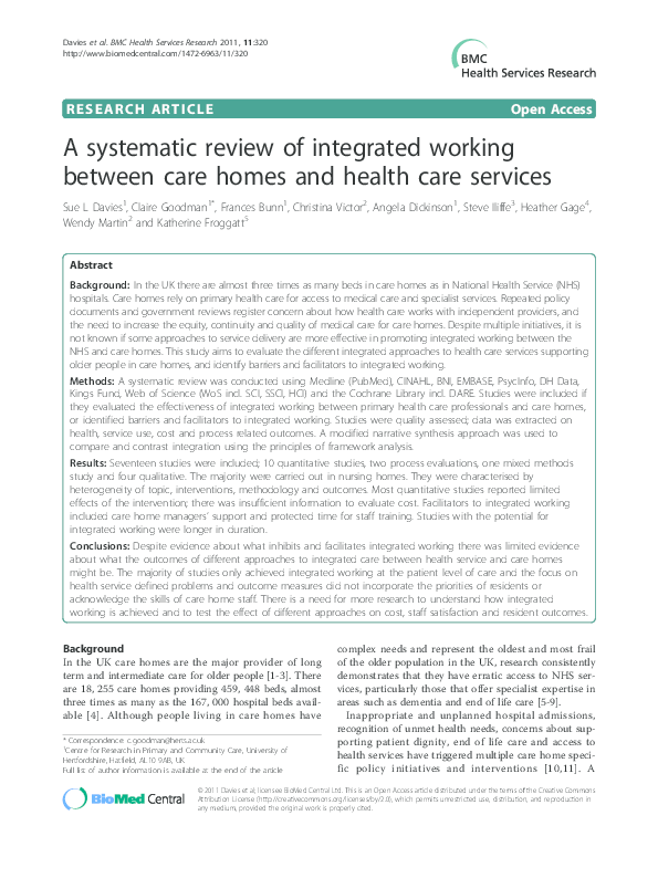 (PDF) A systematic review of integrated working between care homes and health care services