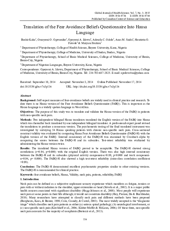 (PDF) Translation of the Fear Avoidance Beliefs Questionnaire Into ...