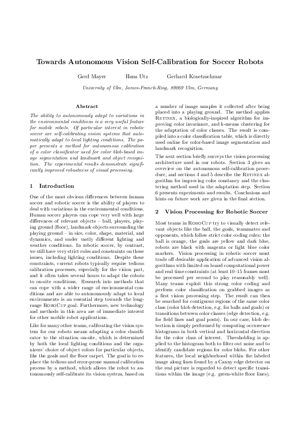 Pdf Towards Autonomous Vision Self Calibration For Soccer Robots