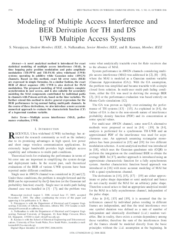 (PDF) Modeling of multiple access interference and BER derivation for TH and DS UWB multiple ...