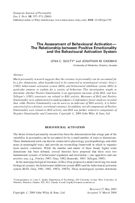 (PDF) The assessment of behavioural activation?the relationship between ...