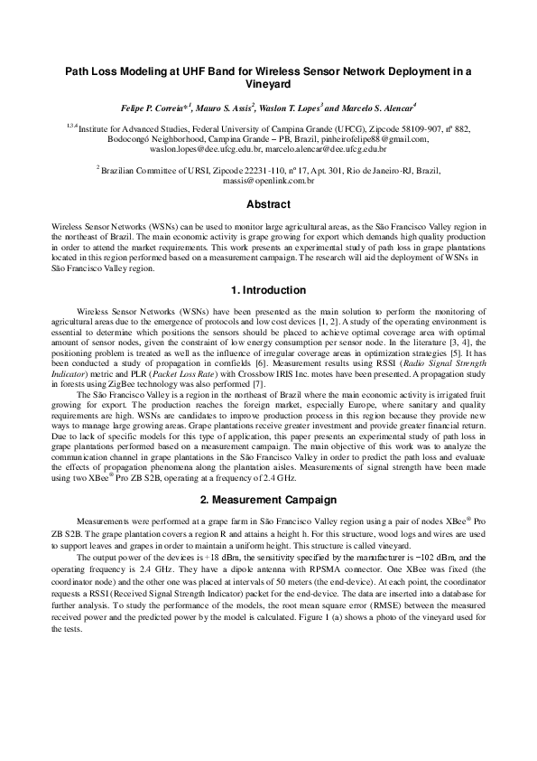 (PDF) Path loss modeling at UHF band for Wireless Sensor Network deployment in a vineyard