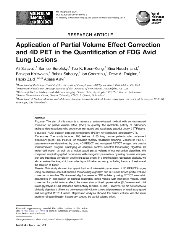 (PDF) Application of Partial Volume Effect Correction and 4D PET in the Quantification of FDG ...