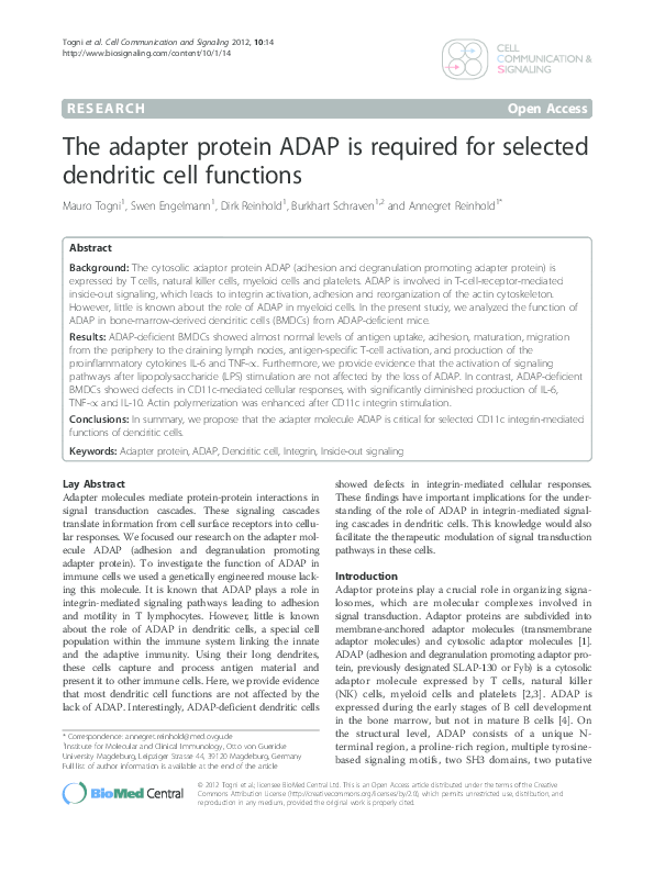 (PDF) The adapter protein ADAP is required for selected dendritic cell ...
