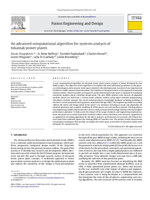 (PDF) An advanced computational algorithm for systems analysis of tokamak power plants