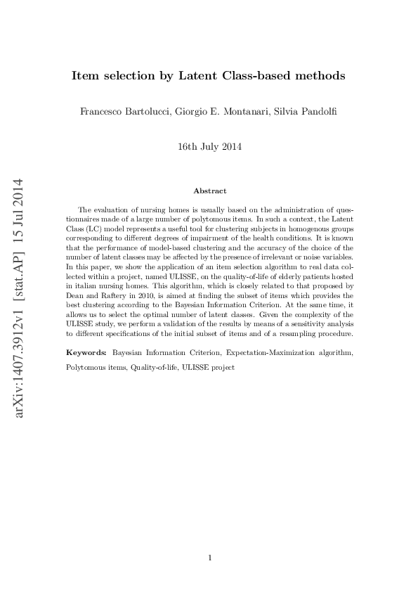 Pdf Item Selection By Latent Class Based Methods