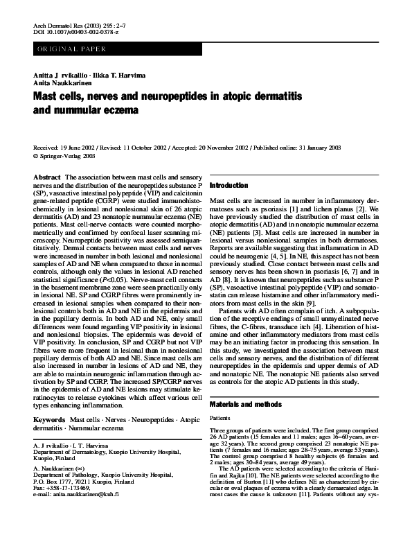 (PDF) Mast cells, nerves and neuropeptides in atopic dermatitis and nummular eczema