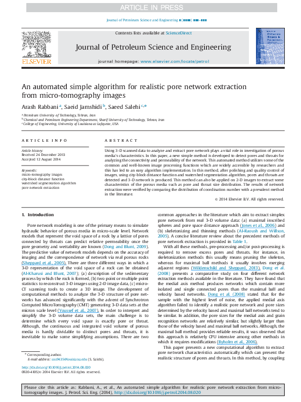 Pdf An Automated Simple Algorithm For Realistic Pore Network Extraction From Micro Tomography
