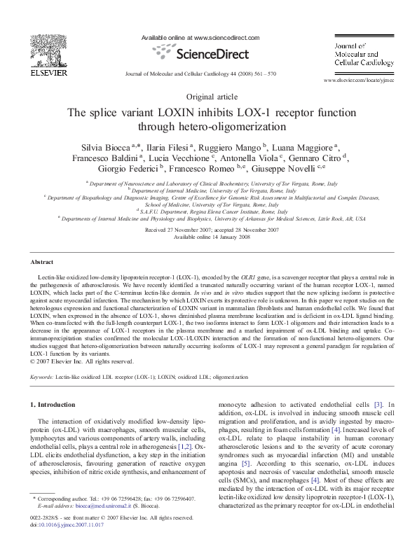 (PDF) The splice variant LOXIN inhibits LOX-1 receptor function through ...