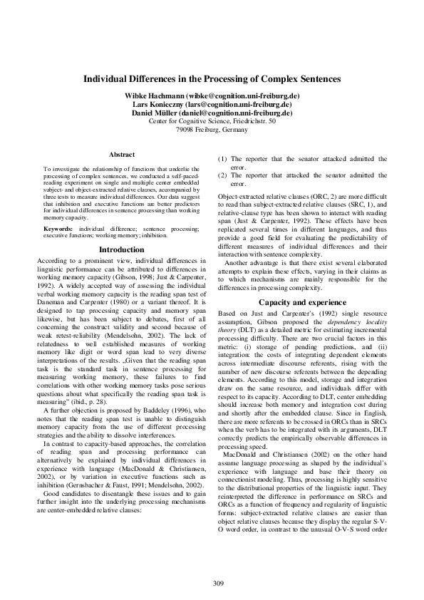 (PDF) Individual Differences in the Processing of Complex Sentences